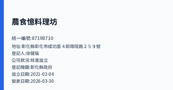 農食憶料理坊的照片-統編 87198710(彰化縣) 公司登記資料與營業項目詳細圖表