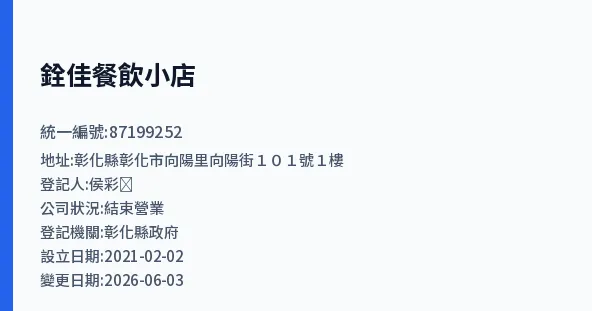 銓佳餐飲小店的照片-統編 87199252(彰化縣) 公司登記資料與營業項目詳細圖表