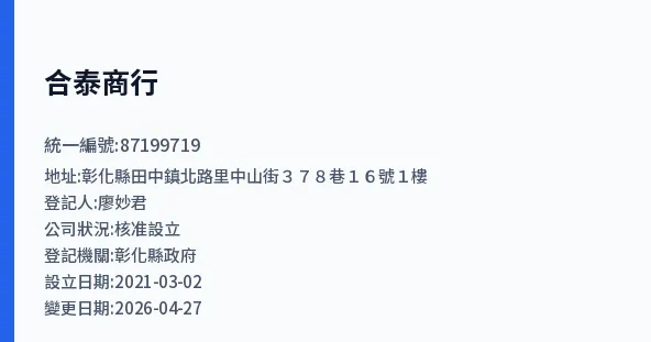 合泰商行的照片-統編 87199719(彰化縣) 公司登記資料與營業項目詳細圖表