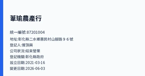 葦瑜農產行的照片-統編 87201004(彰化縣) 公司登記資料與營業項目詳細圖表