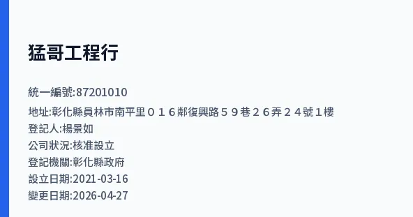 猛哥工程行的照片-統編 87201010(彰化縣) 公司登記資料與營業項目詳細圖表