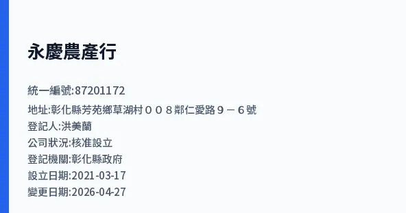 永慶農產行的照片-統編 87201172(彰化縣) 公司登記資料與營業項目詳細圖表