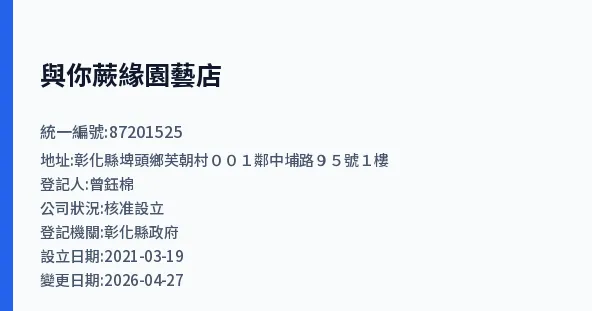 與你蕨緣園藝店的照片-統編 87201525(彰化縣) 公司登記資料與營業項目詳細圖表