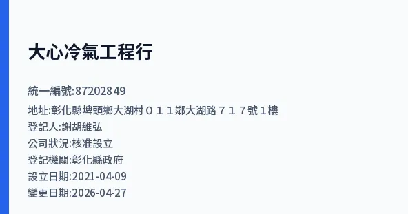 大心冷氣工程行的照片-統編 87202849(彰化縣) 公司登記資料與營業項目詳細圖表