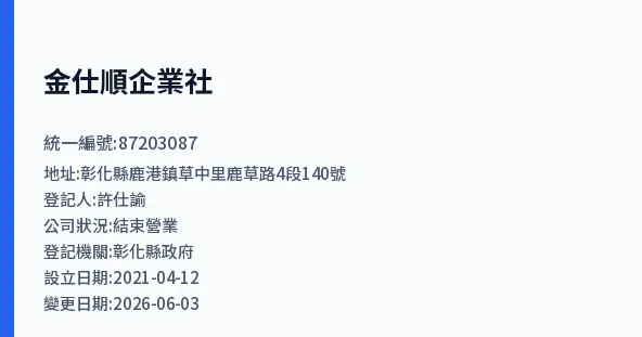 金仕順企業社的照片-統編 87203087(彰化縣) 公司登記資料與營業項目詳細圖表