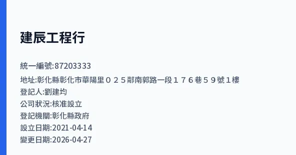 建辰工程行的照片-統編 87203333(彰化縣) 公司登記資料與營業項目詳細圖表