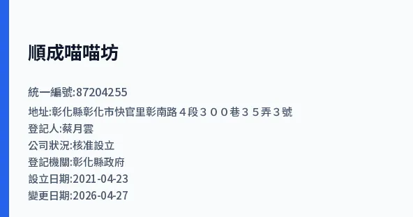 順成喵喵坊的照片-統編 87204255(彰化縣) 公司登記資料與營業項目詳細圖表