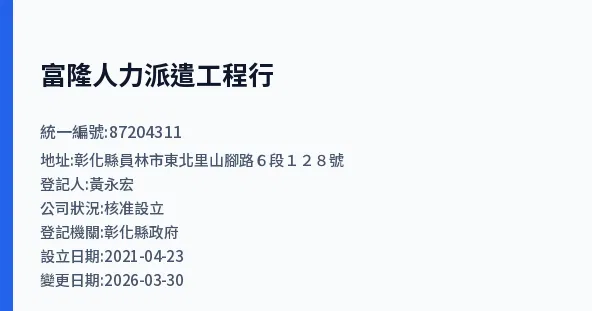 富隆人力派遣工程行的照片-統編 87204311(彰化縣) 公司登記資料與營業項目詳細圖表