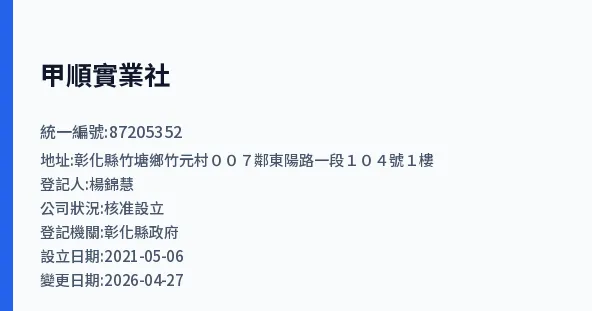 甲順實業社的照片-統編 87205352(彰化縣) 公司登記資料與營業項目詳細圖表