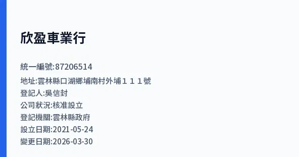 欣盈車業行的照片-統編 87206514(雲林縣) 公司登記資料與營業項目詳細圖表