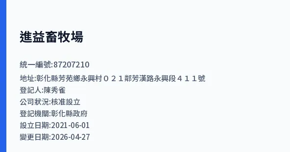 進益畜牧場的照片-統編 87207210(彰化縣) 公司登記資料與營業項目詳細圖表