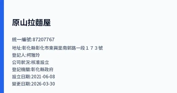 原山拉麵屋的照片-統編 87207767(彰化縣) 公司登記資料與營業項目詳細圖表