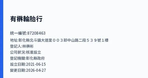 有楙輪胎行的照片-統編 87208463(彰化縣) 公司登記資料與營業項目詳細圖表