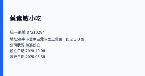蔡素敏小吃的照片-統編 87210284(臺中市) 公司登記資料與營業項目詳細圖表