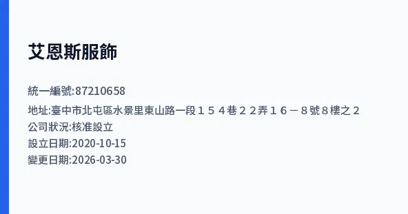 艾恩斯服飾的照片-統編 87210658(臺中市) 公司登記資料與營業項目詳細圖表