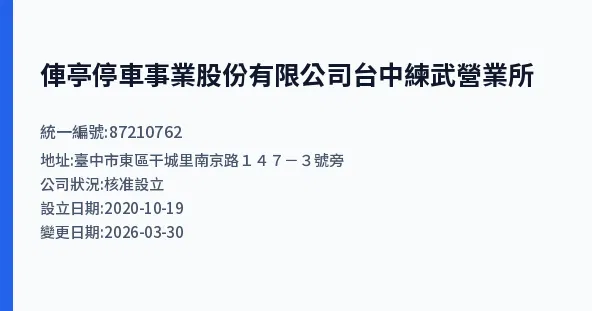俥亭停車事業股份有限公司台中練武營業所的照片-統編 87210762(臺中市) 公司登記資料與營業項目詳細圖表