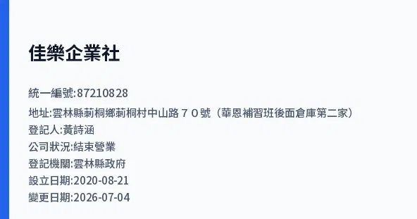 佳樂企業社的照片-統編 87210828(雲林縣) 公司登記資料與營業項目詳細圖表
