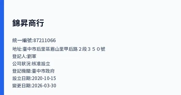 錦昇商行的照片-統編 87211066(臺中市) 公司登記資料與營業項目詳細圖表