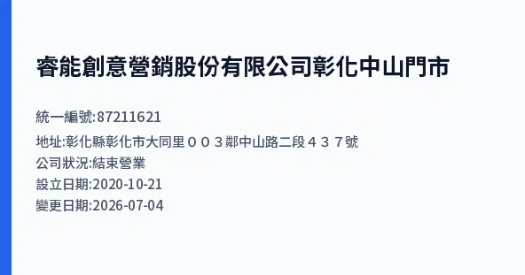 睿能創意營銷股份有限公司彰化中山門市的照片-統編 87211621(彰化縣) 公司登記資料與營業項目詳細圖表