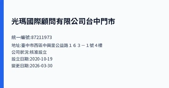 光瑪國際顧問有限公司台中門市的照片-統編 87211973(臺中市) 公司登記資料與營業項目詳細圖表