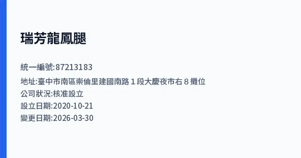 瑞芳龍鳳腿的照片-統編 87213183(臺中市) 公司登記資料與營業項目詳細圖表