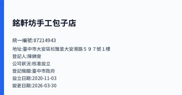 銘軒坊手工包子店的照片-統編 87214943(臺中市) 公司登記資料與營業項目詳細圖表