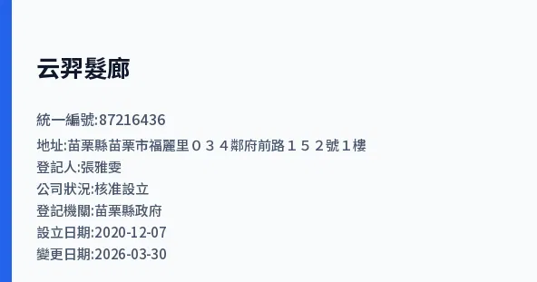 云羿髮廊的照片-統編 87216436(苗栗縣) 公司登記資料與營業項目詳細圖表