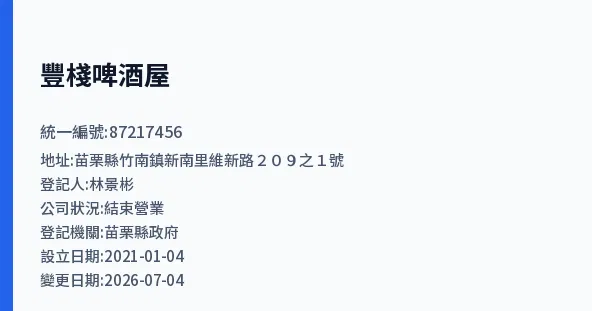 豐棧啤酒屋的照片-統編 87217456(苗栗縣) 公司登記資料與營業項目詳細圖表