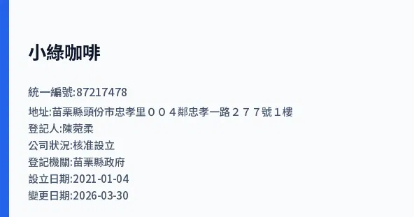 小綠咖啡的照片-統編 87217478(苗栗縣) 公司登記資料與營業項目詳細圖表