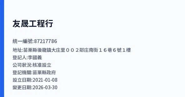 友晟工程行的照片-統編 87217786(苗栗縣) 公司登記資料與營業項目詳細圖表