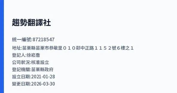 趨勢翻譯社的照片-統編 87218547(苗栗縣) 公司登記資料與營業項目詳細圖表