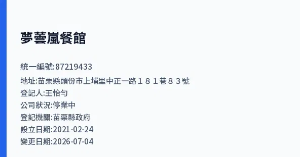 夢蕓嵐餐館的照片-統編 87219433(苗栗縣) 公司登記資料與營業項目詳細圖表