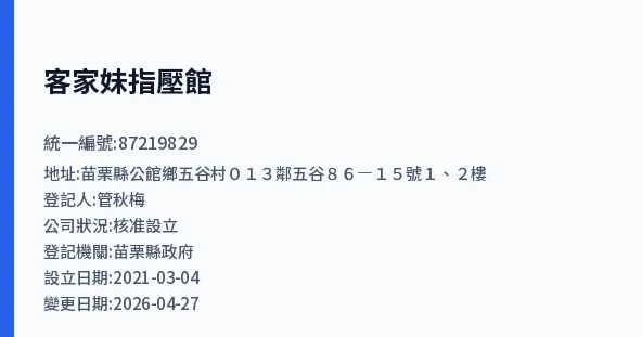 客家妹指壓館的照片-統編 87219829(苗栗縣) 公司登記資料與營業項目詳細圖表
