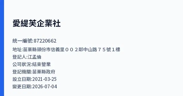 愛緹芙企業社的照片-統編 87220662(苗栗縣) 公司登記資料與營業項目詳細圖表
