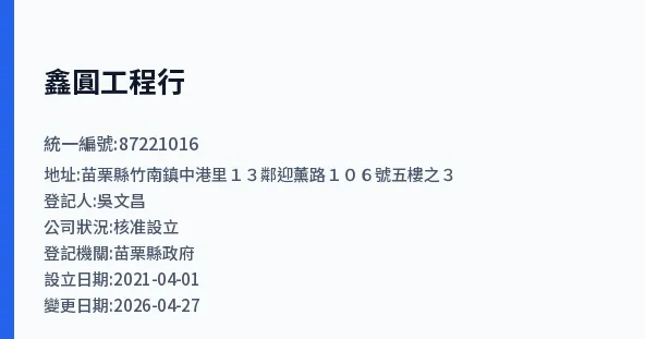 鑫圓工程行的照片-統編 87221016(苗栗縣) 公司登記資料與營業項目詳細圖表