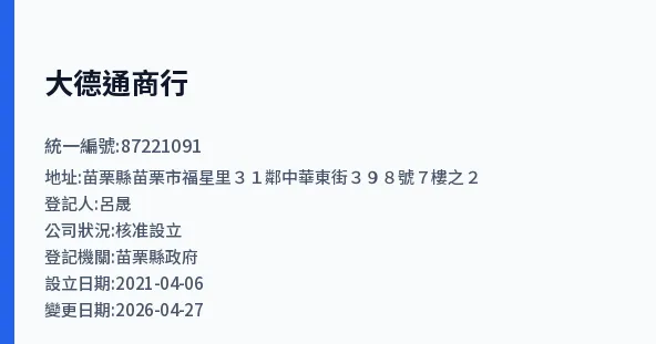大德通商行的照片-統編 87221091(苗栗縣) 公司登記資料與營業項目詳細圖表