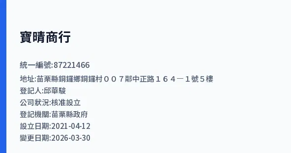 寶晴商行的照片-統編 87221466(苗栗縣) 公司登記資料與營業項目詳細圖表