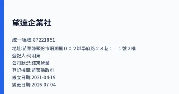 望達企業社的照片-統編 87221851(苗栗縣) 公司登記資料與營業項目詳細圖表