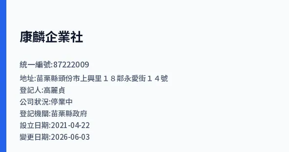 康麟企業社的照片-統編 87222009(苗栗縣) 公司登記資料與營業項目詳細圖表