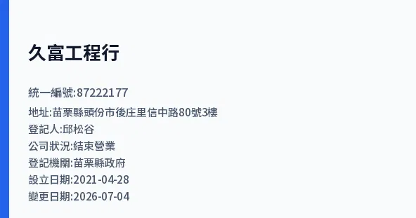 久富工程行的照片-統編 87222177(苗栗縣) 公司登記資料與營業項目詳細圖表