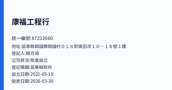 康福工程行的照片-統編 87222660(苗栗縣) 公司登記資料與營業項目詳細圖表