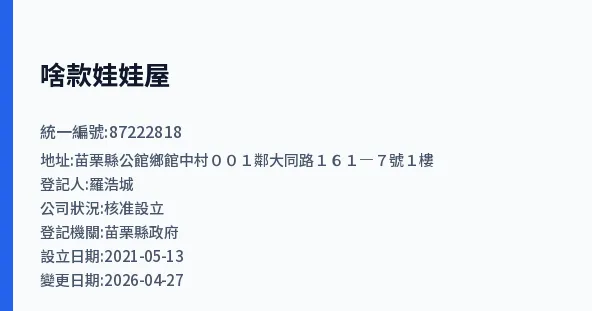 啥款娃娃屋的照片-統編 87222818(苗栗縣) 公司登記資料與營業項目詳細圖表