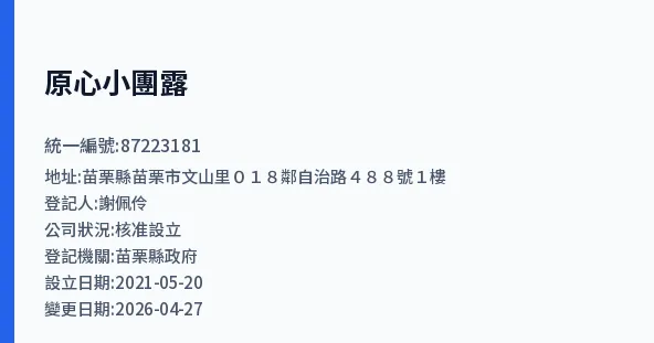 原心小團露的照片-統編 87223181(苗栗縣) 公司登記資料與營業項目詳細圖表