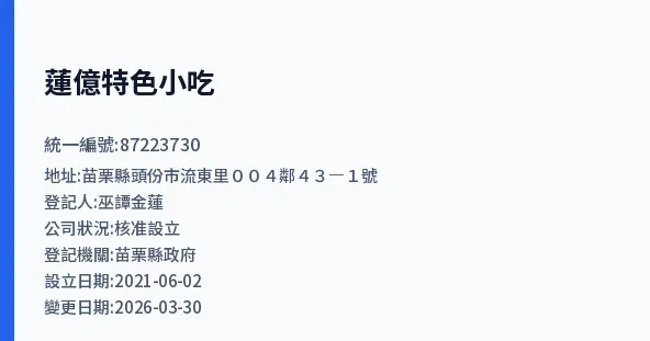 蓮億特色小吃的照片-統編 87223730(苗栗縣) 公司登記資料與營業項目詳細圖表