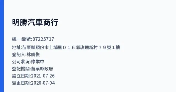 明勝汽車商行的照片-統編 87225717(苗栗縣) 公司登記資料與營業項目詳細圖表
