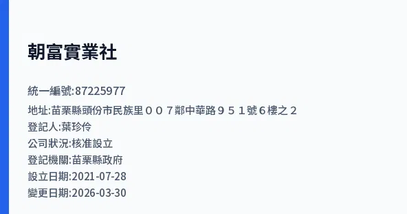 朝富實業社的照片-統編 87225977(苗栗縣) 公司登記資料與營業項目詳細圖表