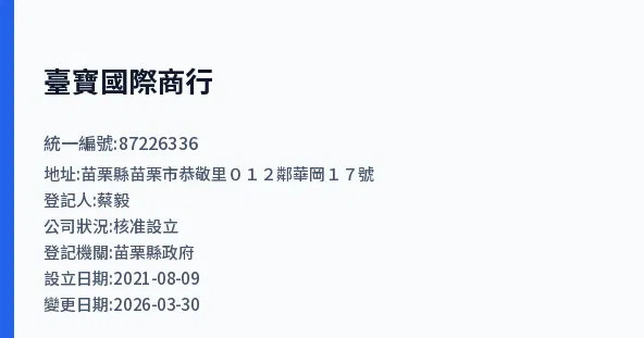 臺寶國際商行的照片-統編 87226336(苗栗縣) 公司登記資料與營業項目詳細圖表