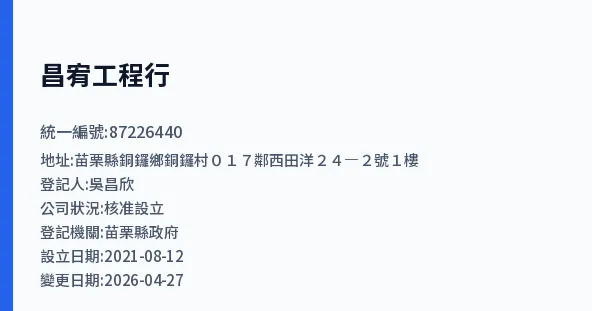 昌宥工程行的照片-統編 87226440(苗栗縣) 公司登記資料與營業項目詳細圖表