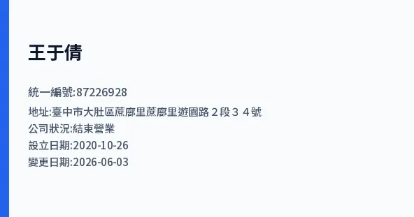 王于倩的照片-統編 87226928(臺中市) 公司登記資料與營業項目詳細圖表