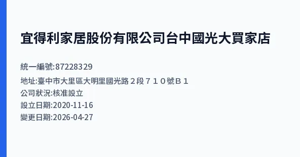 宜得利家居股份有限公司台中國光大買家店的照片-統編 87228329(臺中市) 公司登記資料與營業項目詳細圖表